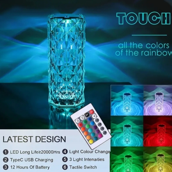 Accents | Crystal Lamp 16 Color Changing Rgb Night Light Touch Lamp Usb ...